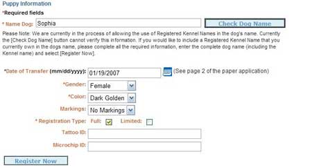 Figure 11. The Selected Information and Registration Type for the Puppy