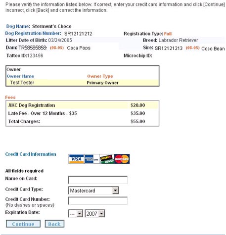 Figure 13. The Puppy Information and Credit Card Form